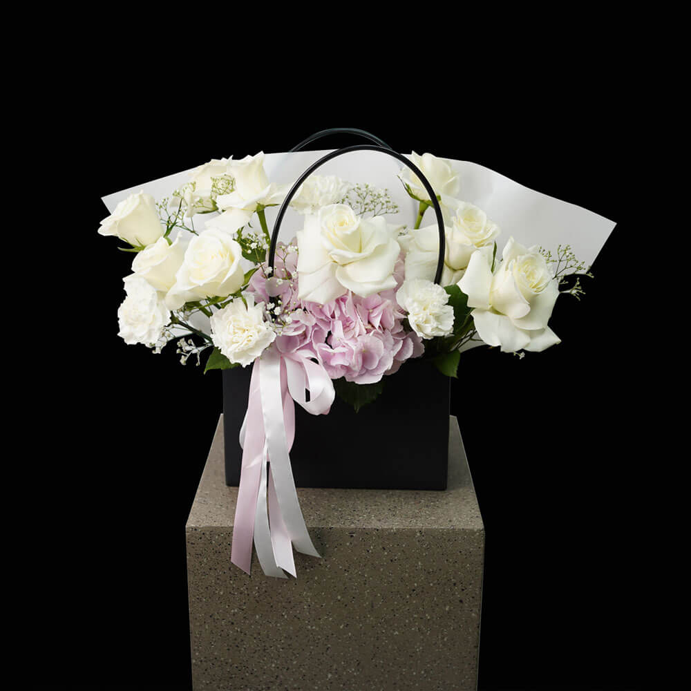 Bloom Burst Flower Box | White Roses Bag- Box | Flower Shop - Aiwa Flowers