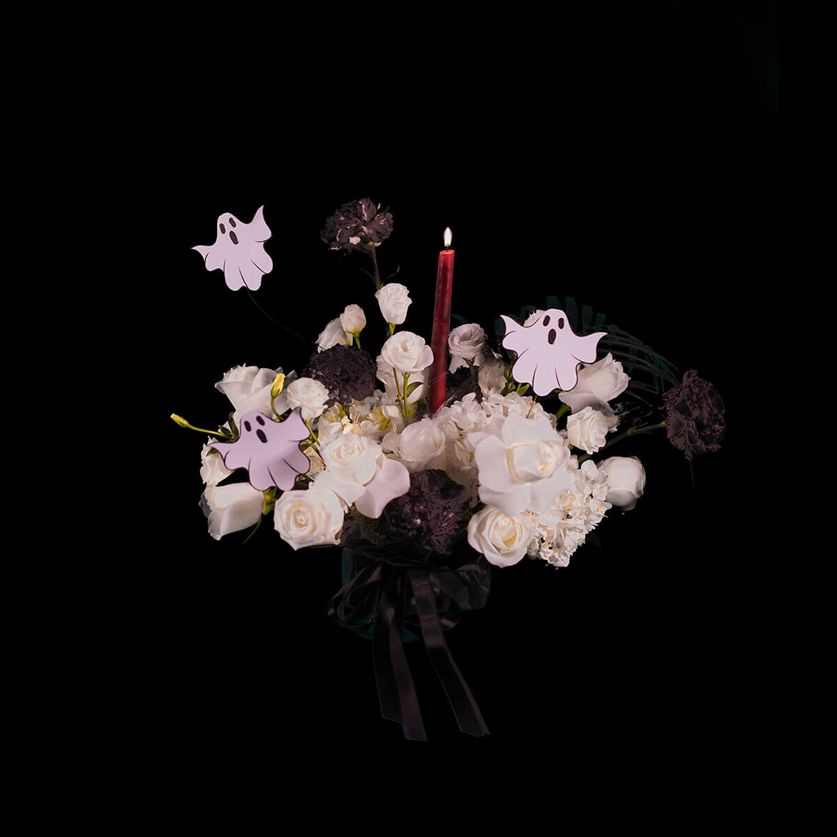 Elegant Halloween Floral Arrangement with Black Carnations, White Roses ...