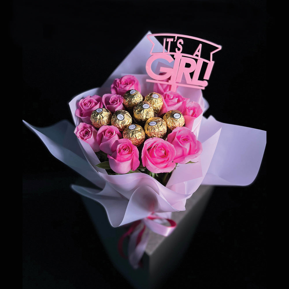 It's a Girl Gift Basket | Pink Roses & Chocolates | Aiwa Flowers