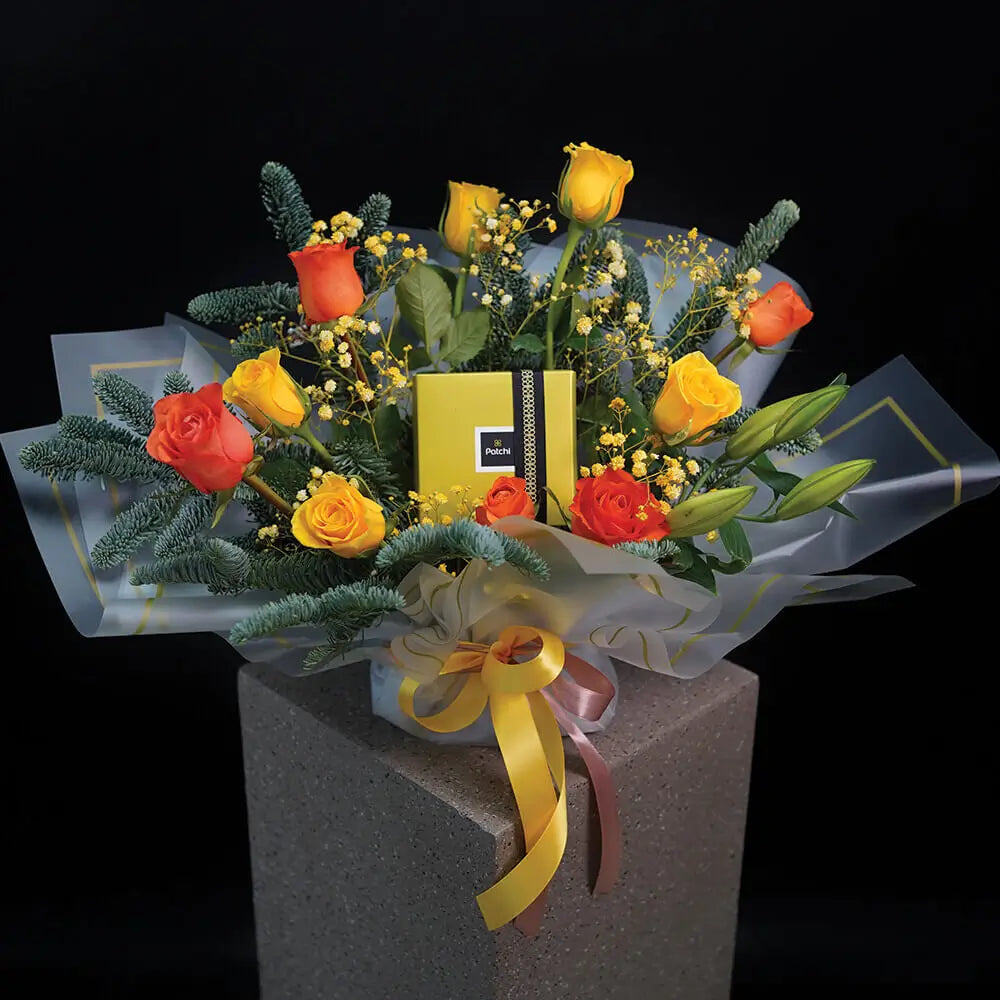 Magic Gala Flower Arrangement | Orange & Yellow Roses, Lilies With ...