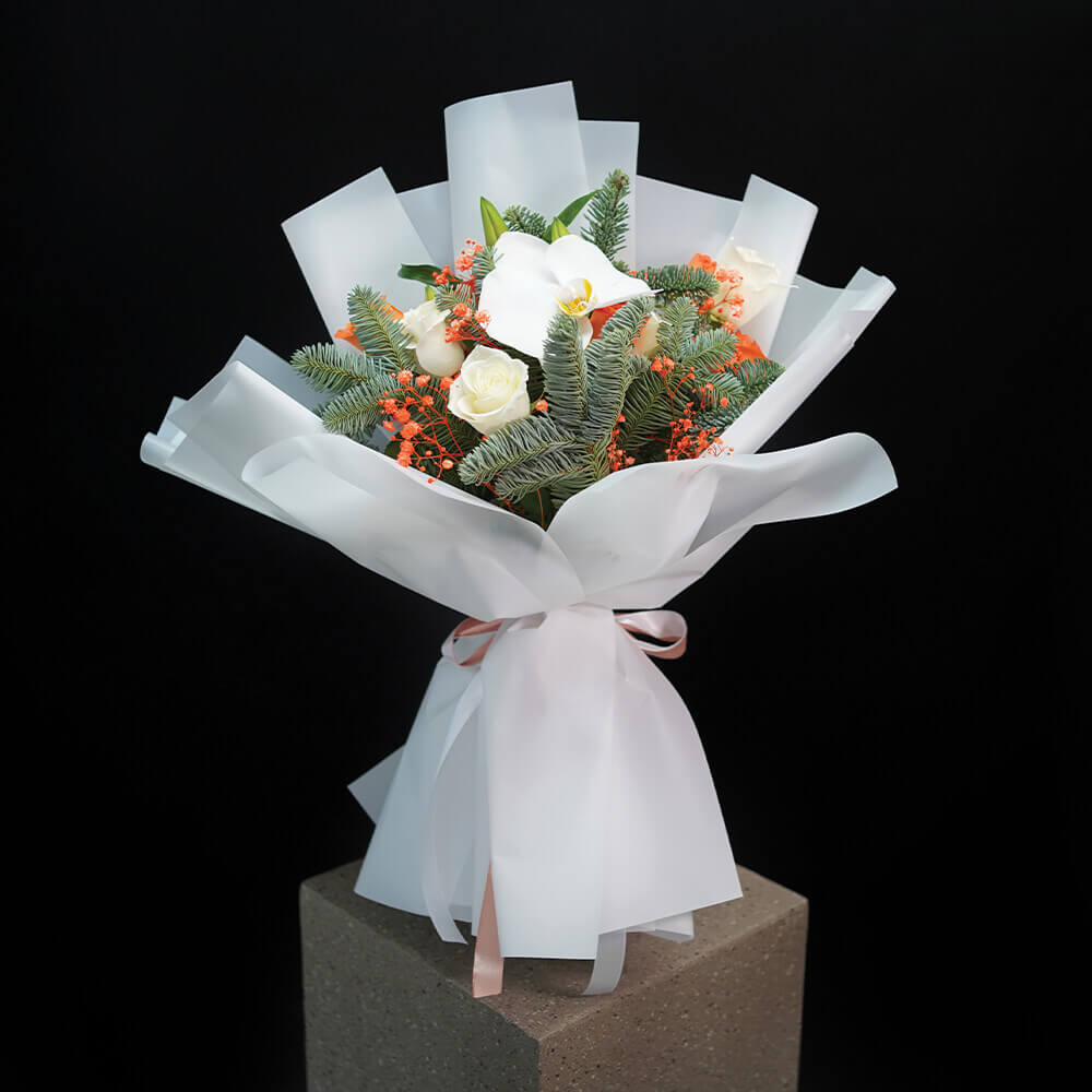 New Beginning Flower Bouquet | White & Orange Roses, Lilies Flower ...