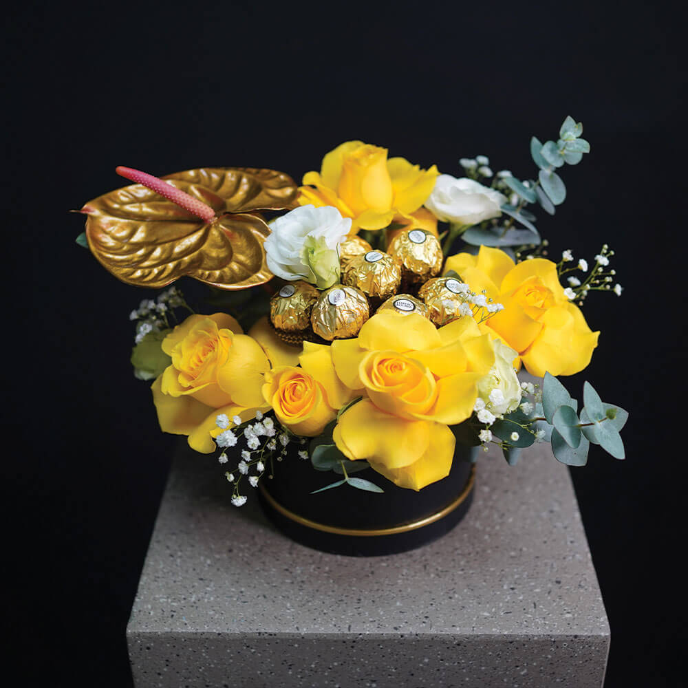 Sadaqah Flower Box | Yellow Roses, Ferrero Rocher Chocolates - Aiwa Flowers