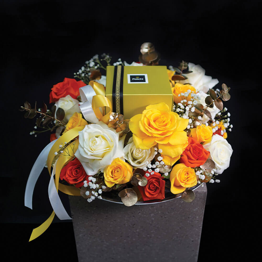Taubah Flowers Tray & Patchi Chocolate | Orange & White Roses - Aiwa ...