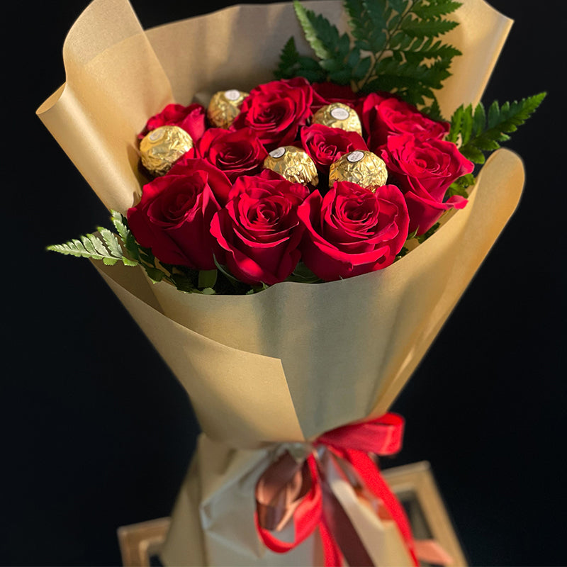 Ferrero Bouquet | Red Roses & Ferrero Rocher Chocolate | Aiwa Flowers